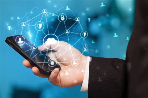 Hand Using Phone With Centralized Linked Cloud System Concept Stock