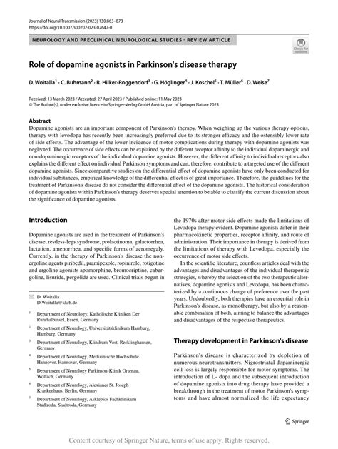 Role Of Dopamine Agonists In Parkinsons Disease Therapy