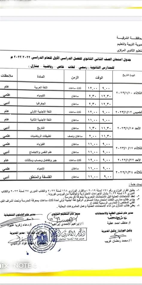 جدول امتحانات تانية ثانوي ترم أول 2023 محافظة الشرقية شبابيك