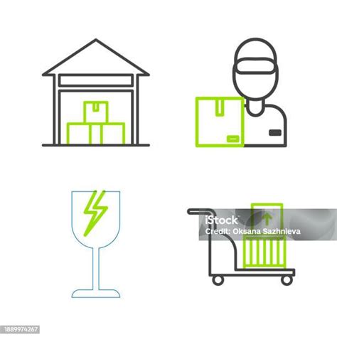 세트 라인 전기 핸드 트럭과 상자 깨지기 쉬운 깨진 유리 기호 골 판지와 창고 아이콘과 배달원 벡터 0명에 대한 스톡 벡터 아트