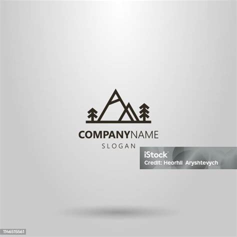 두 산과 침 엽 수 나무의 벡터 기하학적 수평 라인 아트 로고 옆에 가문비나무에 대한 스톡 벡터 아트 및 기타 이미지 가문비나무 개념 검은색 Istock
