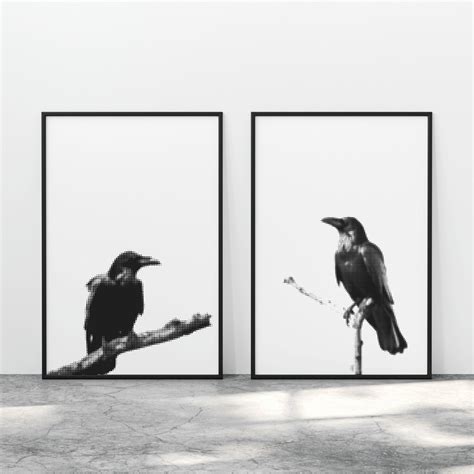 Halftone Ravens Printable Wall Art Set Of 2 Whimsigoth Decor Digital