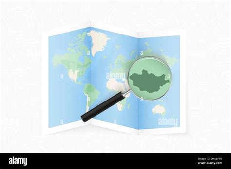 Enlarge Mongolia With A Magnifying Glass On A Folded Map Of The World Vector Paper Map Stock