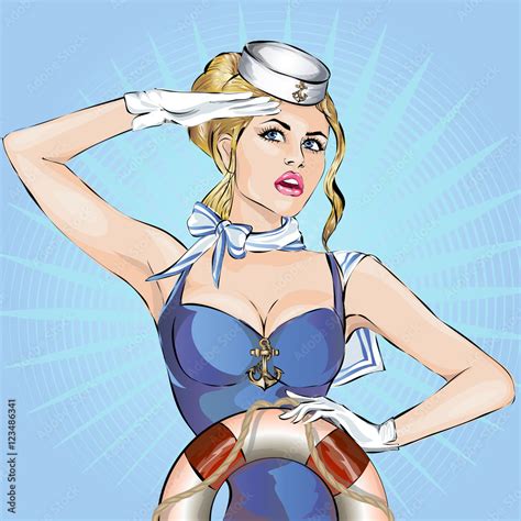 Stockvector Sexy Pin Up Sailor Woman With Lifebuoy Saluting Pop Art