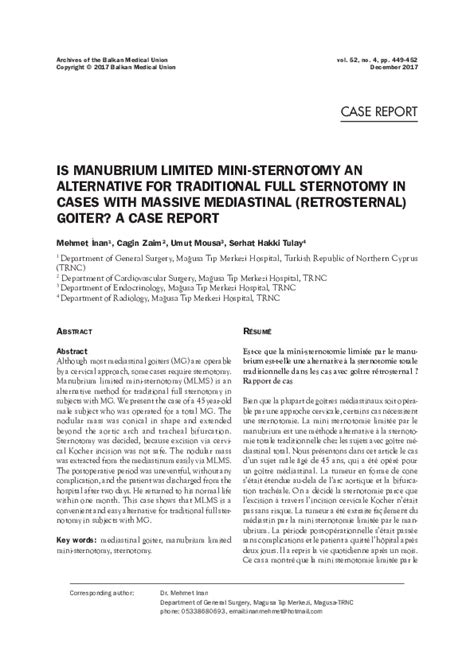 Pdf Is Manubrium Limited Mini Sternotomy An Alternative For Traditional Full Sternotomy In