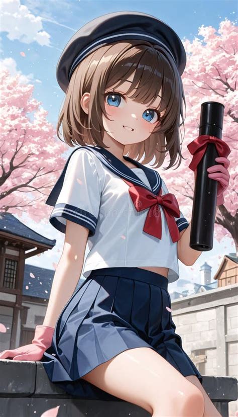 Smiling Anime Girl In Sailor Uniform Amongst Cherry Blossoms Stock