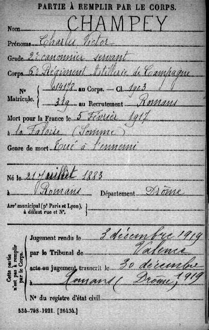 Romans Sur Isère Charles Victor Champey Mort Pour La France Le 5 Février 1917