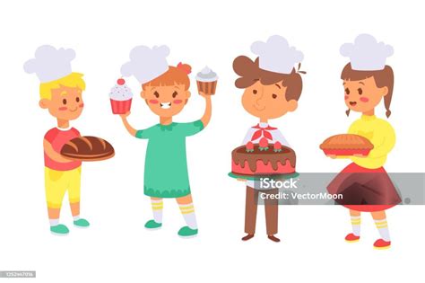 아이들은 빵 유용한 취미 세트 벡터 일러스트를 굽습니다 캐릭터 소년 요리 모자를 쓴 소녀들은 요리와 빵을 들고 있습니다 그릇에