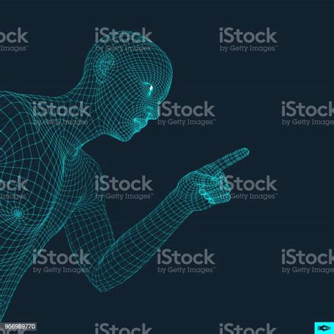 남자는 그의 손가락을 가리키는입니다 남자 기하학적 디자인의 3d 모델입니다 벡터 일러스트입니다 3d 다각형 덮 음 피부입니다 인간의 다각형 몸입니다 인체 와이어 모델입니다