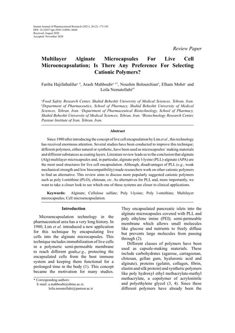 Pdf Multilayer Alginate Microcapsules For Live Cell Microencapsulation Is There Any