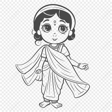เด็กหญิงตัวเล็ก ๆ ในหน้าสีส่าหรีวาดโครงร่าง เวกเตอร์ Png สำหรับการดาวน์