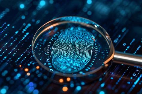 binary verification magnifying glass examines biometrics authentication technology stock