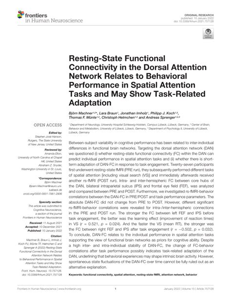 Pdf Resting State Functional Connectivity In The Dorsal Attention Network Relates To