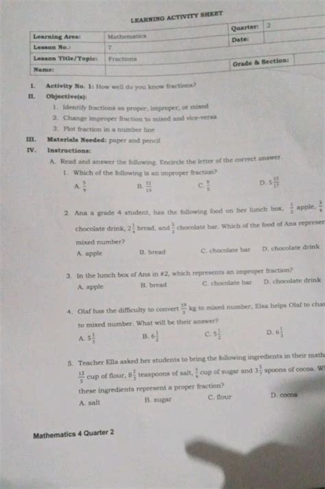 learning activity sheet learning area mathematics lesson no 7 lesson title topic fractions