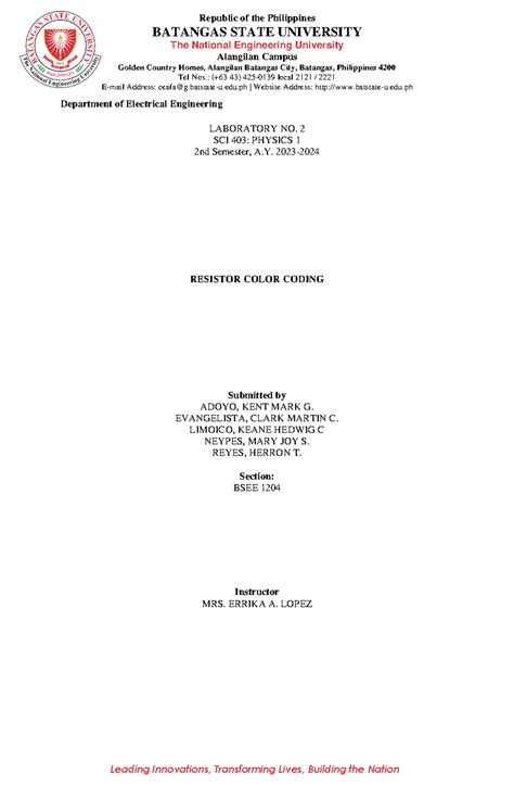 LAB 2 Electrical Color Coding Experiment BATANGAS STATE UNIVERSITY The National Engineering