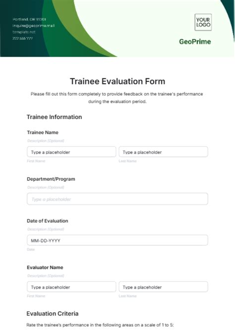 Free Trainee Evaluation Form Template To Edit Online