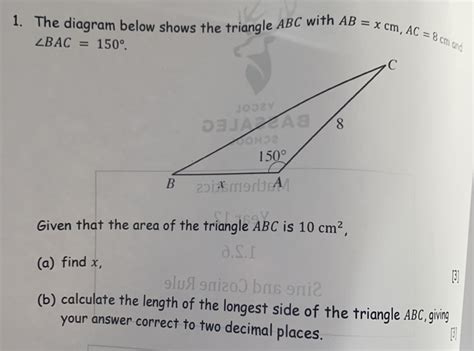 Solved The Diagram Below Shows The Triangle Abc With Ab Xcm Ac 8cm ∠ Bac 150° And Given That