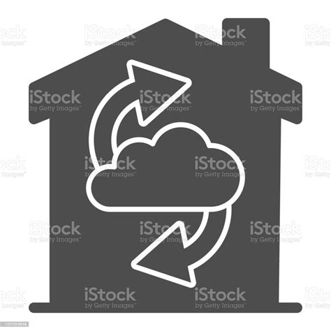 단단한 아이콘 스마트 홈 개념 흰색 배경에 홈 클라우드 스토리지 벡터 기호 모바일 및 웹용 글리프 스타일의 데이터 공유 아이콘을 구축하는 화살표가있는 클라우드 벡터 그래픽