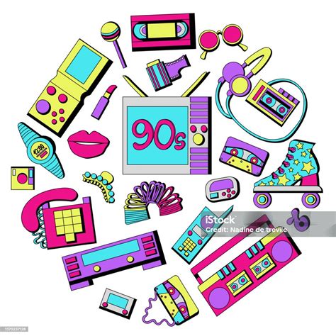 90 년대의 손으로 그린 세트 원에 배치 복고풍 항목 90 년대의 복고풍 대중 문화 항목세트 흰색 배경에서 격리된 벡터 그림입니다 만화 90 년대 팝 아트 스타일의 아이콘