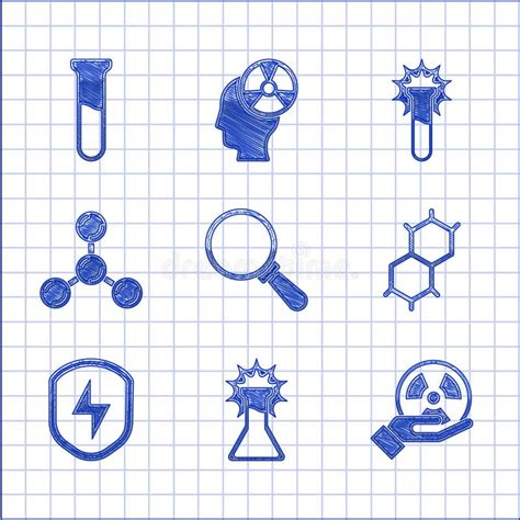 Set Magnifying Glass Test Tube And Flask Radioactive Chemical Formula Secure Shield With