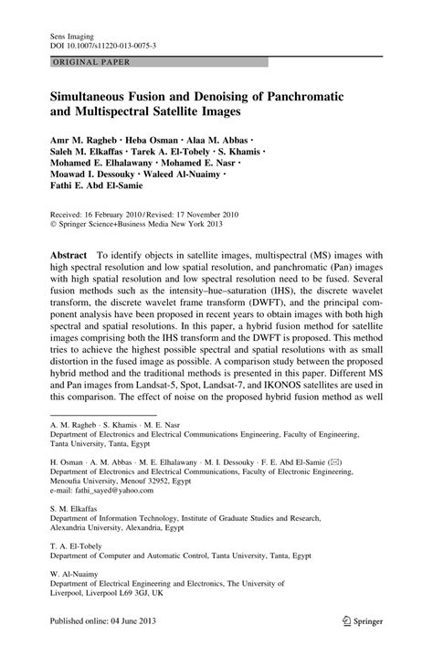 Pdf Simultaneous Fusion And Denoising Of Panchromatic And Multispectral Satellite Images