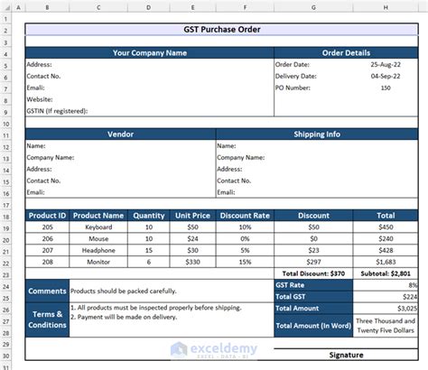 creating gst purchase order format in excel free template