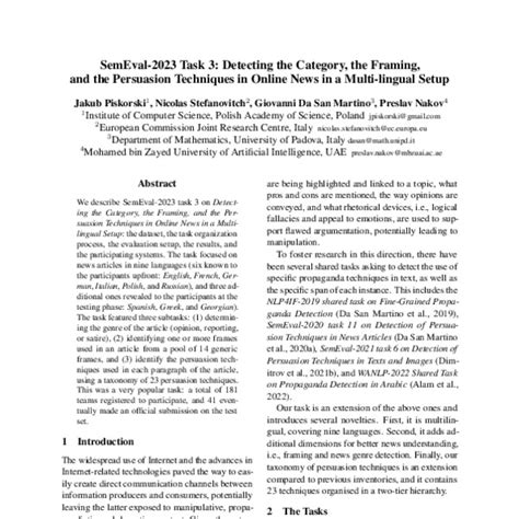 SemEval Task Detecting The Category The Framing And The Persuasion Techniques In