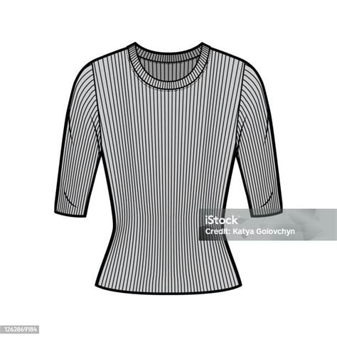 리브드 크루 넥 니트 스웨터 테크니컬 패션 일러스트와 짧은 리브 슬리브 밀착 모양 튜닉 길이 0명에 대한 스톡 벡터 아트 및 기타 이미지 Istock