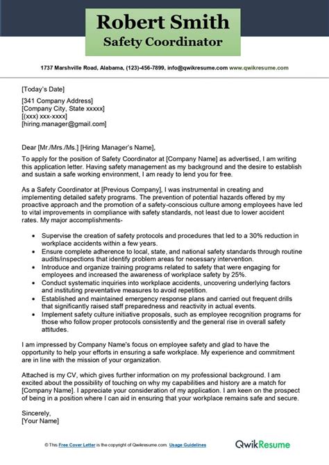Safety Coordinator Cover Letter At Gabriel Chubb Blog
