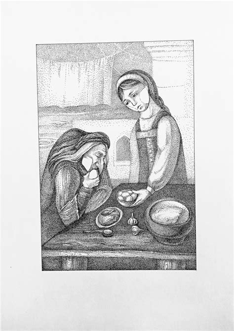 Иллюстрация Василиса прекрасная у бабы Яги в стиле книжная графика