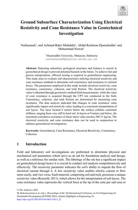 Pdf Ground Subsurface Characterization Using Electrical Resistivity And Cone Resistance Value