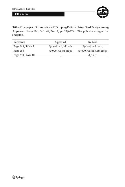 Pdf Errata To Optimization Of Cropping Pattern Using Goal Programming Approach N