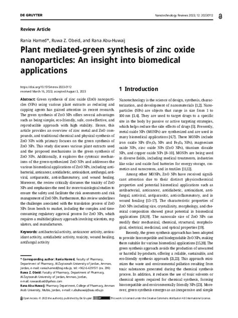 Pdf Plant Mediated Green Synthesis Of Zinc Oxide Nanoparticles An