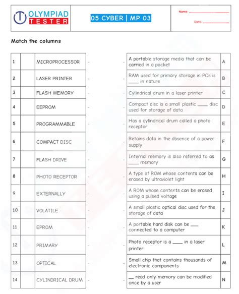Cyber Olympiad Class 5 Sample Papers Column Matching Olympiad Tester