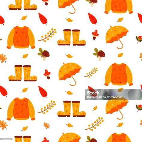 흰색 배경에 우산 스웨터 및 고무 부츠가있는 귀여운 가을 패턴 벡터 일러스트레이션 0명에 대한 스톡 벡터 아트 및 기타 이미지 0명 10월 11월 Istock