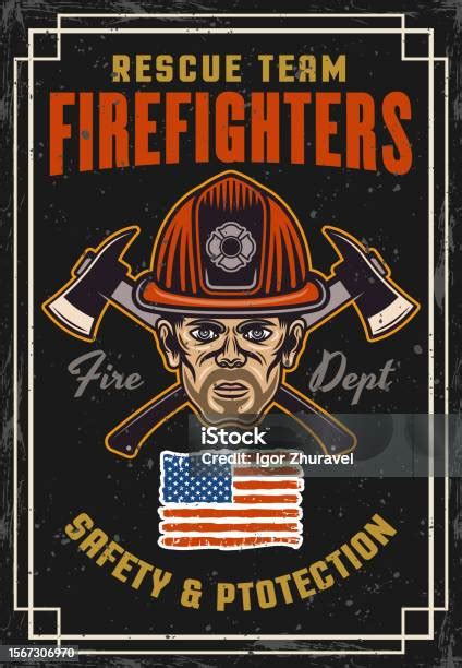 소방관들은 헬멧에 소방관 머리와 교차된 축 벡터 삽화가 있는 빈티지 컬러 포스터 계층화되고 분리된 그런지 질감과 텍스트 소방관에
