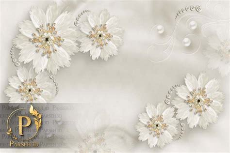 پارسه کاغذ و پوستر دیواری 3d گل های مصنوعی صدفی با پرچم طلایی در زمینه خاکستری