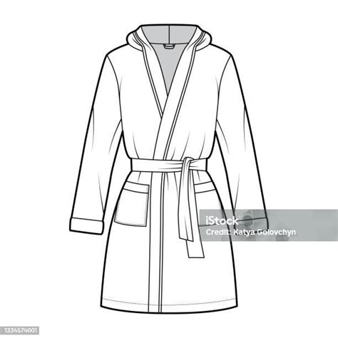 후드 바스로브 드레싱 가운 테크니컬 패션 일러스트와 랩 오프닝 미니 길이 오버사이즈 넥타이 긴 소매 등에 대한 스톡 벡터 아트 및 기타 이미지 Istock
