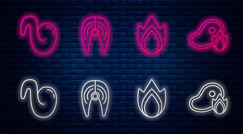 세트 라인 생선 스테이크 불꽃 튀긴 치킨 날개와 구운 스테이크 고기와 불꽃 벽돌 벽에 빛나는 네온 아이콘 벡터 가금류에 대한 스톡 벡터 아트 및 기타 이미지 Istock