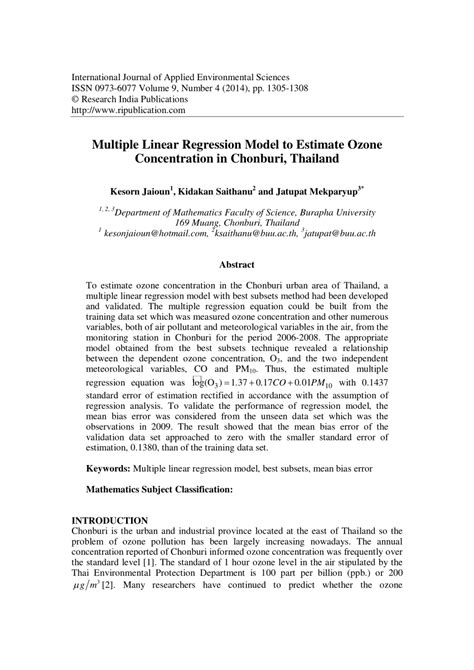 pdf multiple linear regression model to estimate ozone concentration