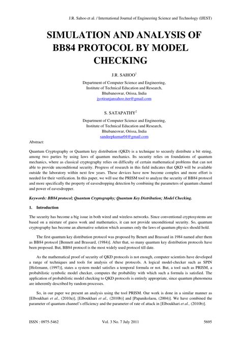 Pdf Simulation And Analysis Of Bb84 Protocol By Model Checking