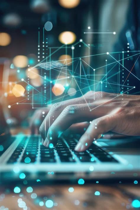 Hands Typing On A Laptop Keyboard With Abstract Digital Network Overlay