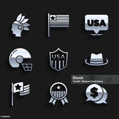 별 메달 동전 돈 달러 서양 카우보이 모자 미국 국기 축구 헬멧 미국 독립 기념일 및 원주민 인디언 아이콘으로 방패를 설정하십시오 벡터 0명에 대한 스톡 벡터 아트 및 기타