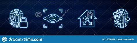 Set Line Smart Home With Face Id Fingerprint Lock Eye Scan And Glowing Neon Icon On Brick