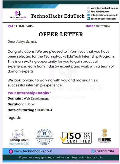 Aditya Satpute On Linkedin Internship Technohacks Webdevelopment Careergrowth Grateful