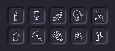 와인 세트 아이콘입니다 병 유리 샴페인 포도 시계 노화 코르크 마개 온도계 온도 보관 조건 시음 소믈리에 레스토랑 개념입니다