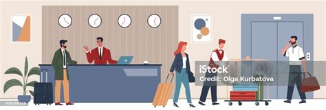 호텔 리셉션 도착 손님 정보 등록 데스크 직장 접수원 수하물 포터 도움 여자 고립된 캐릭터 만화 플랫 스타일 요즘 벡터 관광 개념 사람들에 대한 스톡 벡터 아트 및 기타