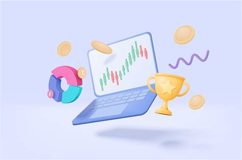 파란색 배경에 노트북으로 3d 온라인 거래 돈 동전과 금 컵 개념이있는 컴퓨터에서 자금 조달 비즈니스 그래프를 사용하는 노트북 비즈니스 투자를위한 3d 벡터 거래 렌더링