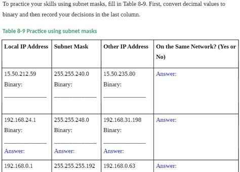 To Practice Your Skills Using Subnet Masks Fill In Table 8 9 First