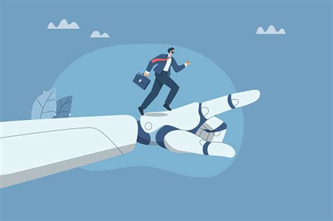 인공 지능을 가진 직원의 협업 Ai의 지원으로 회사 성장을 개선하기 위한 목표 설정 새로운 혁신적인 개념 사업가는 위쪽을 가리키는 로봇 손에 달려 있습니다